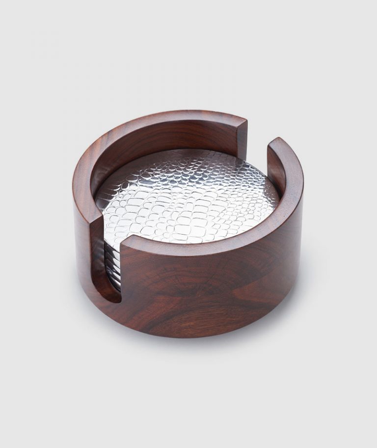 Kenya Rosewood Round Drink Coaster Set - Crocodile Pattern